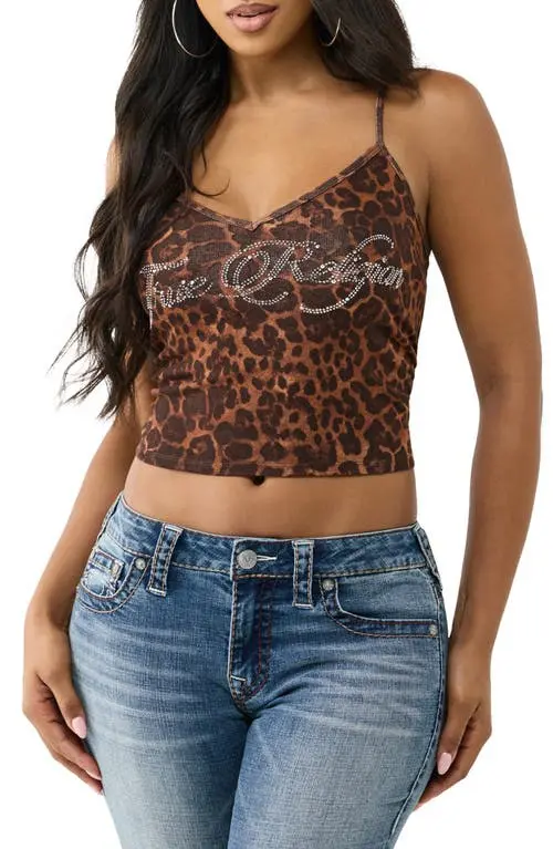 True Religion Crystal Logo Print Cropped Camisole Tank - Leopard