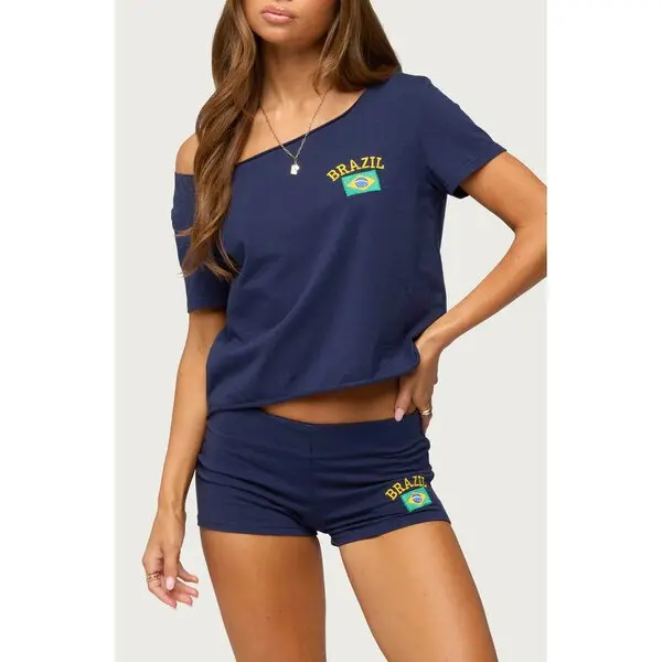 EDIKTED Brazilian Babe Off The Shoulder T-shirt - Navy