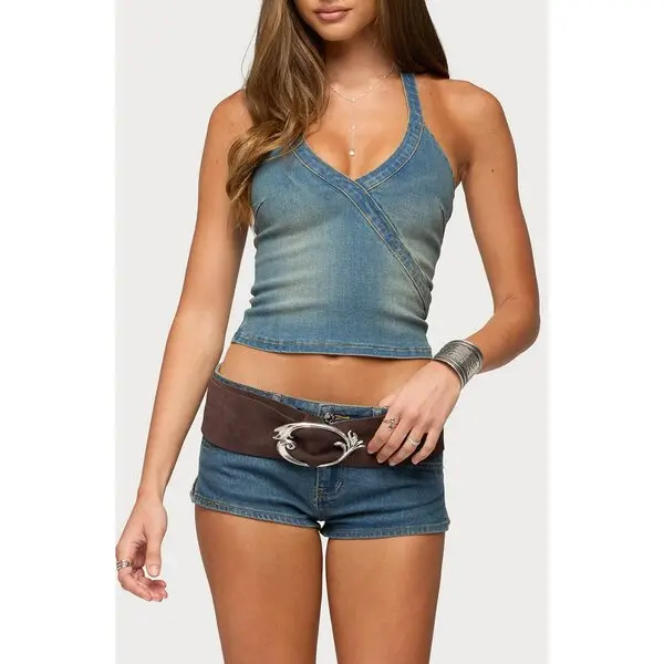 EDIKTED Cecie Denim Halter Top - Blue-washed