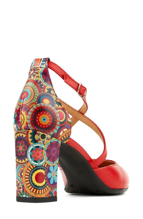 EMBASSY LONDON Printed Block Heel Ankle Strap Pumps - Medium Red