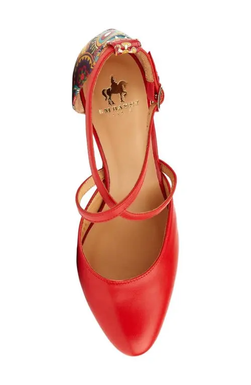 EMBASSY LONDON Printed Block Heel Ankle Strap Pumps - Medium Red