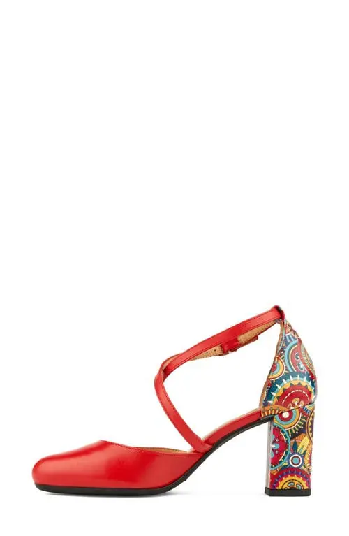 EMBASSY LONDON Printed Block Heel Ankle Strap Pumps - Medium Red