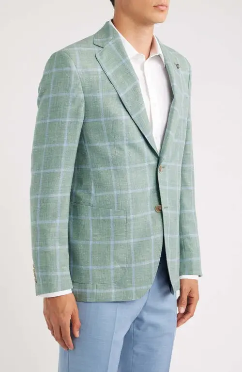 JACK VICTOR Unconstructed Green Windowpane Check Wool & Silk Blend Sport Coat - Sage