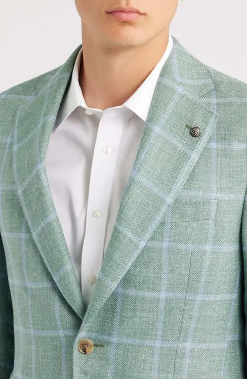JACK VICTOR Unconstructed Green Windowpane Check Wool & Silk Blend Sport Coat - Sage