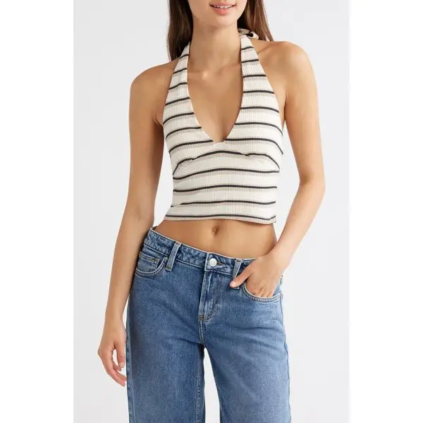 Rip Curl Ribbed Halter Neck Striped Crop Top - Bone