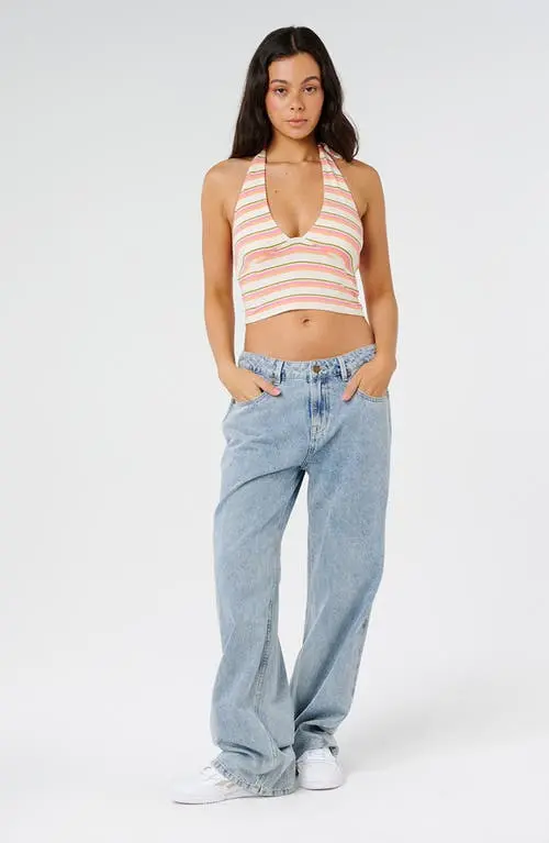 Rip Curl Ribbed Halter Neck Striped Crop Top - Peach