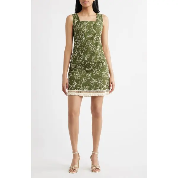 TAHARI ASL Floral Embroidered Sheath Minidress - Agave