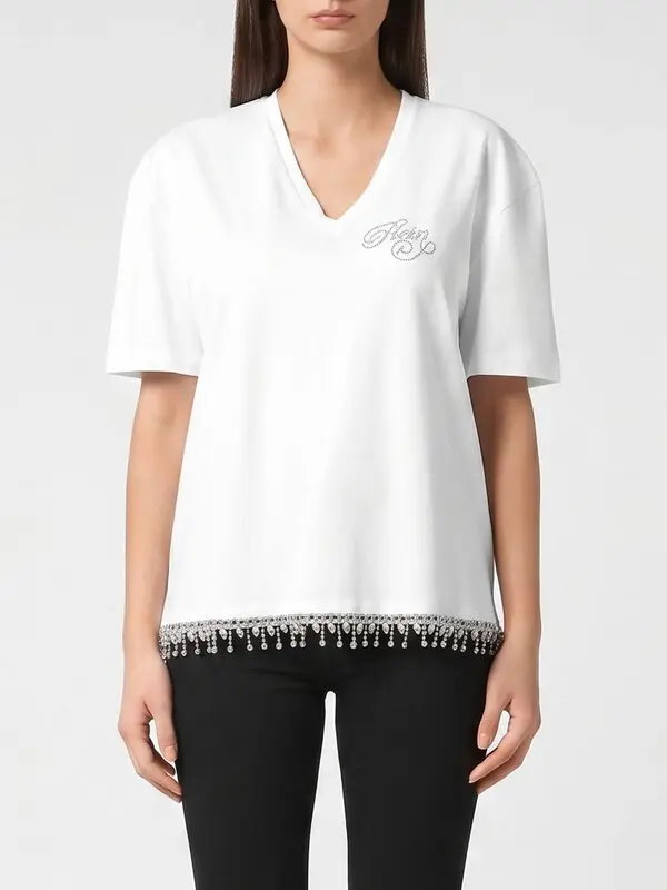 Philipp Plein Cotton T-shirt With Rhinestone Logo And Fringed Hem - White