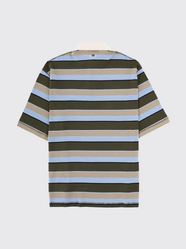 AMI Paris Striped Relaxed Fit Cotton Polo Shirt With Concealed Placket And French Collar - Blue