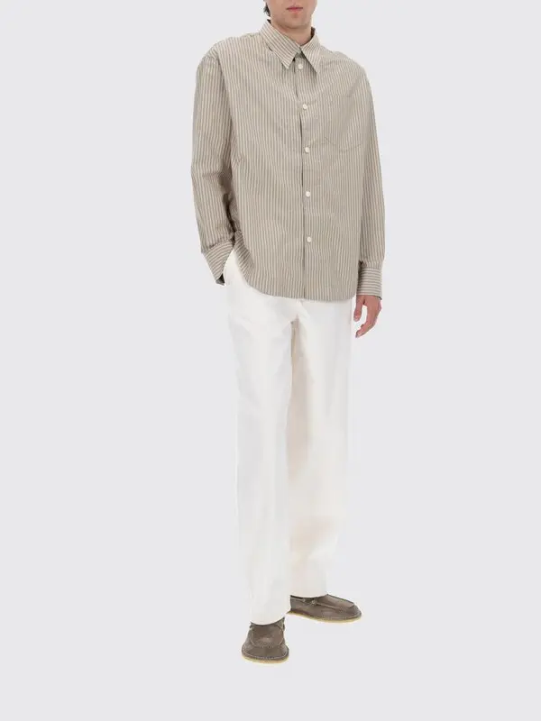 AMI Paris Striped Cotton Shirt With A Point Collar And Chest Patch Pocket - Beige