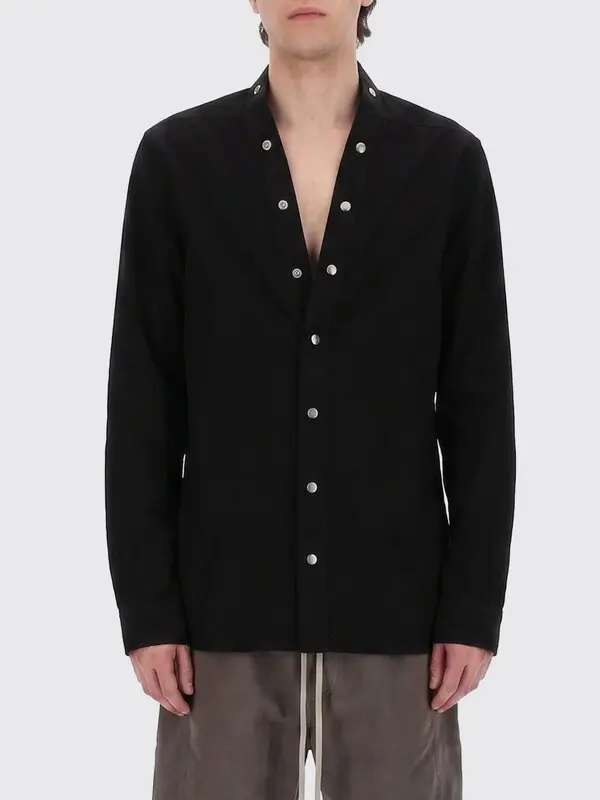 Rick Owens Long-sleeved V-neck Cotton Shirt With Button Closure - Black