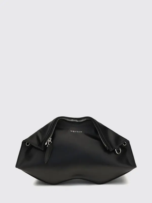 Alexander McQueen Manta Asymmetrical Clutch In Smooth Calfskin With Metal Ring Detail - Black