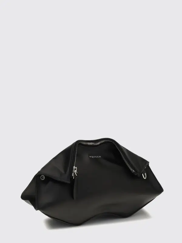 Alexander McQueen Manta Asymmetrical Clutch In Smooth Calfskin With Metal Ring Detail - Black
