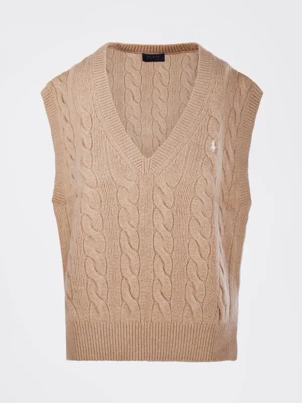 Polo Ralph Lauren Cable Knit Wool And Cashmere V-neck Jumper - Beige