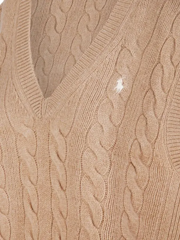 Polo Ralph Lauren Cable Knit Wool And Cashmere V-neck Jumper - Beige