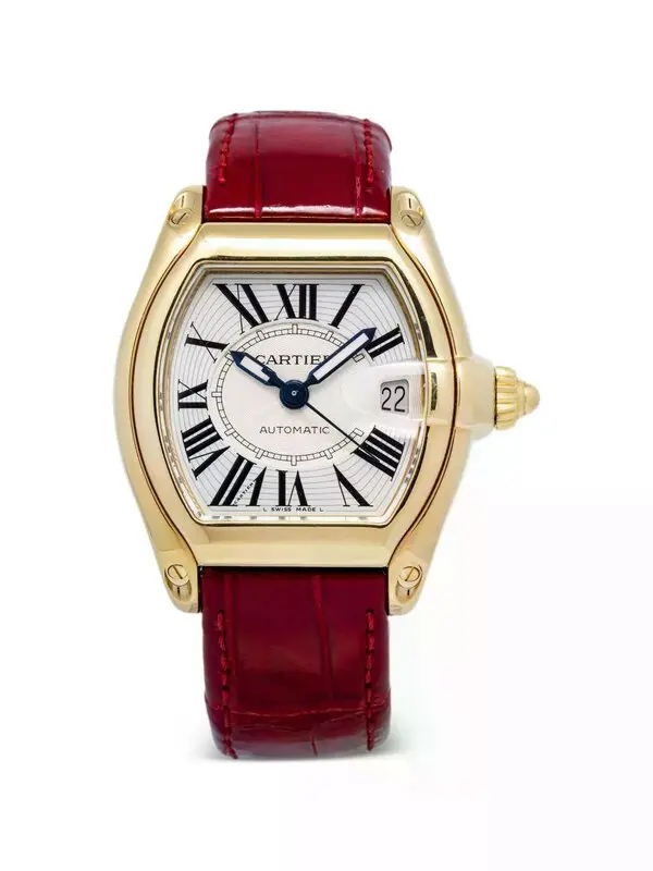 Cartier Roadster 37mm Automatic Watch With Silver-tone Dial And Burgundy Leather Strap - White