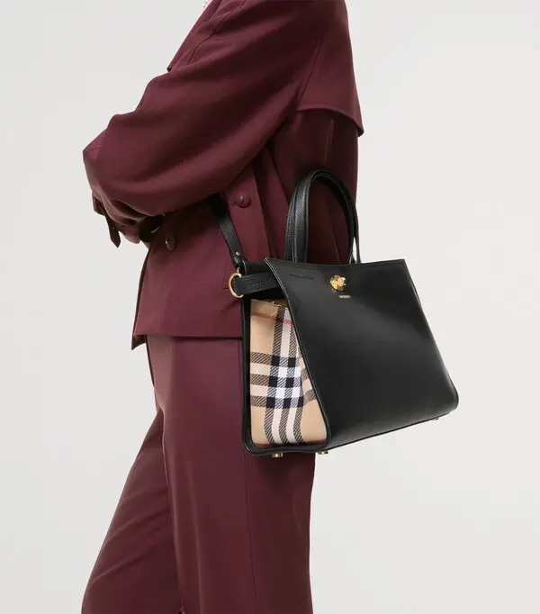 Burberry Small Leather Cotswolds Check Tote Bag