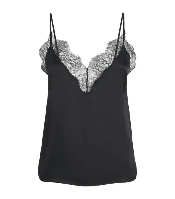 ANINE BING Silk-blend Lace Trim Cami Top - Black