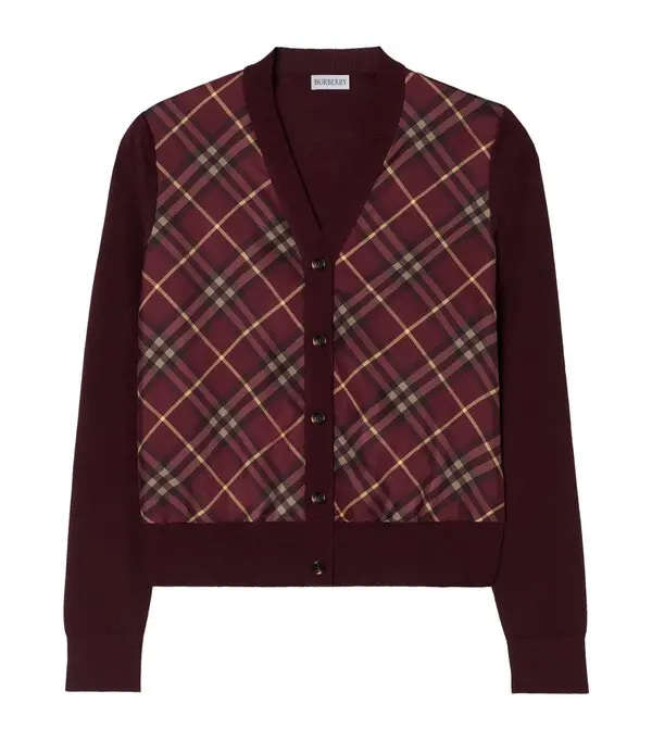 Burberry Wool-silk Check Panel Cardigan - Red