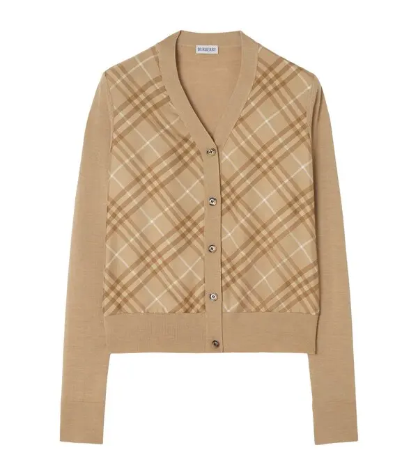 Burberry Wool-silk Check Panel Cardigan - Beige