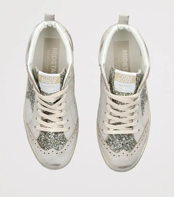 GOLDEN GOOSE Mid Star Distressed Leather Sneakers With Glitter Accents