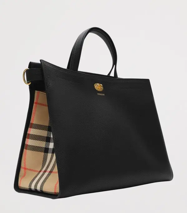 Burberry Medium Leather Cotswolds Check Tote Bag - Black