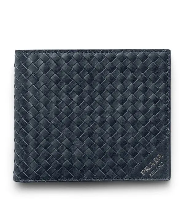 Prada Leather Woven Wallet - Blue