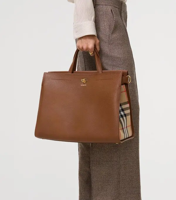 Burberry Medium Leather Cotswolds Check Tote Bag - Brown