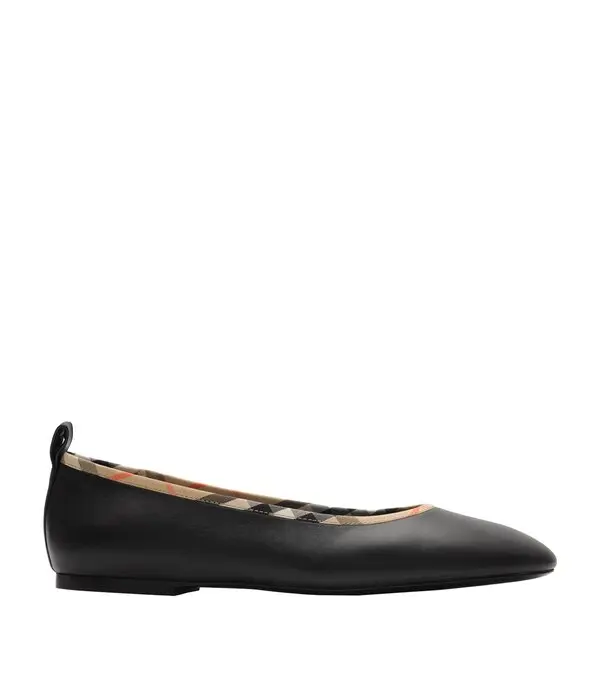 Burberry Leather Ballet Flats With Check Trim - Black