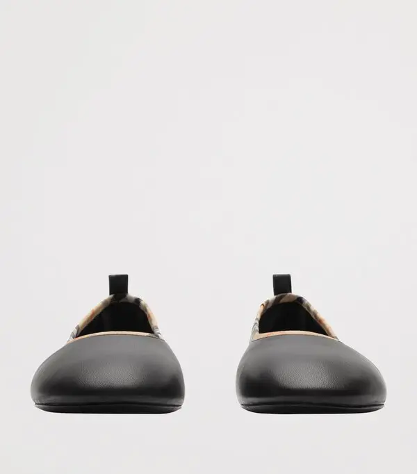 Burberry Leather Ballet Flats With Check Trim - Black