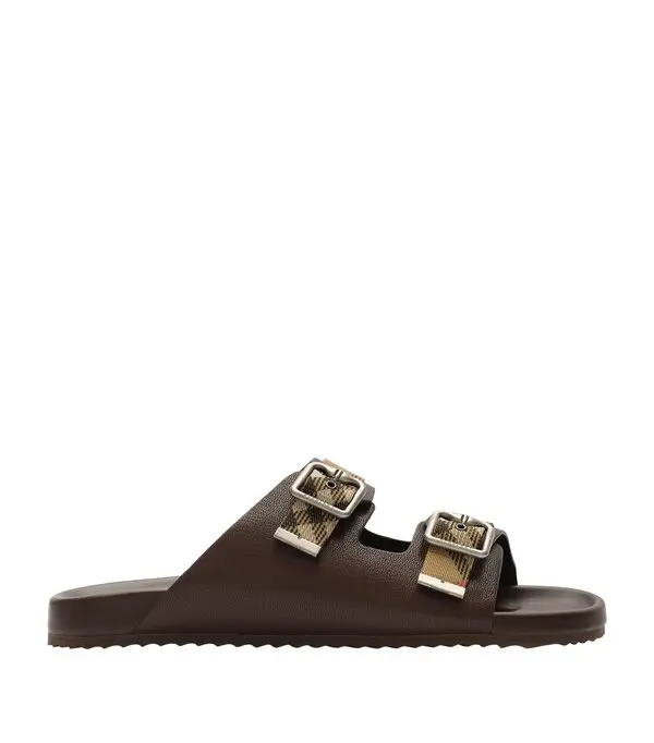 Burberry Leather Check Urchin Slides - Brown