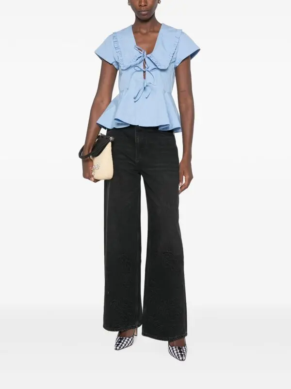 GANNI Ruffled Collar Tie Detail Cotton Shirt