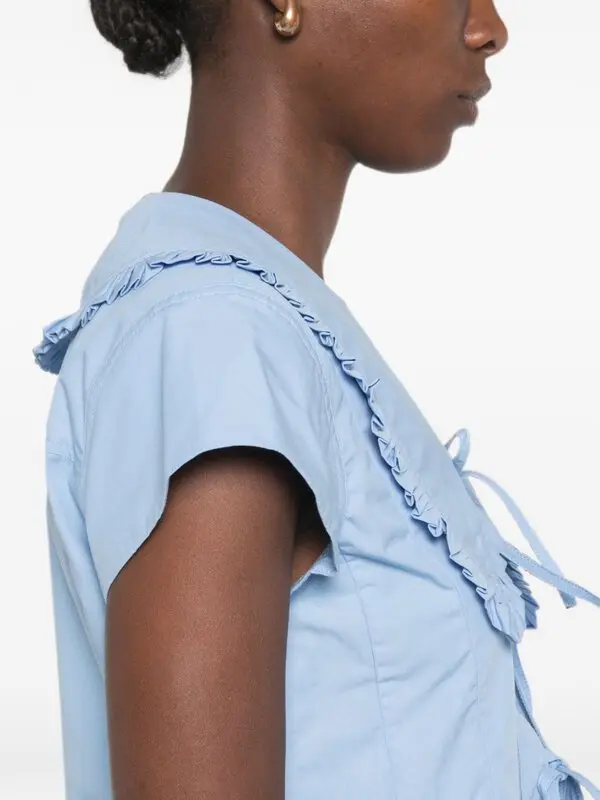 GANNI Ruffled Collar Tie Detail Cotton Shirt