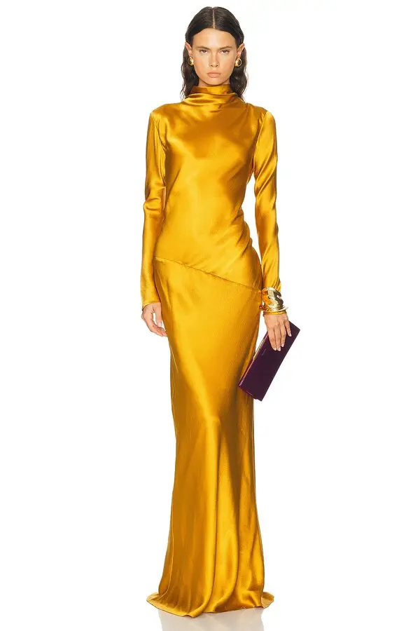 Tove Gio" Satin Gown With Lace Trim - Gold