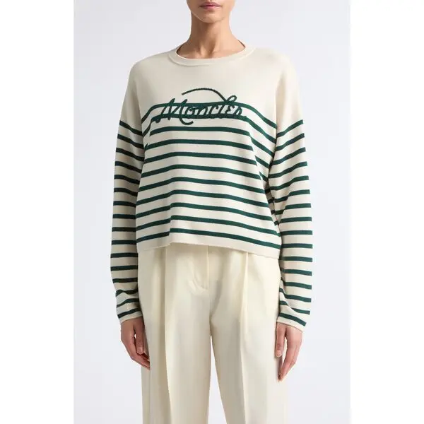 Moncler Striped Virgin Wool Sweater With Embroidered Logo - White/blue