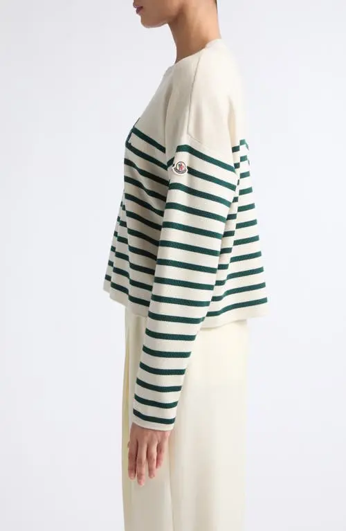Moncler Striped Virgin Wool Sweater With Embroidered Logo - White/blue