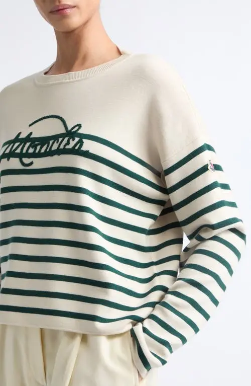Moncler Striped Virgin Wool Sweater With Embroidered Logo - White/blue