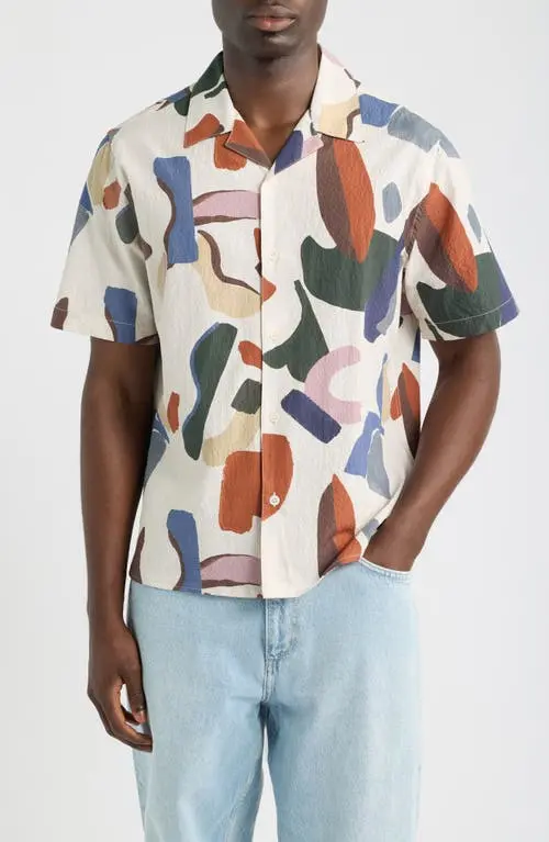 WAX LONDON Didcot Abstract Stretch Cotton Camp Shirt - Ecru/multi