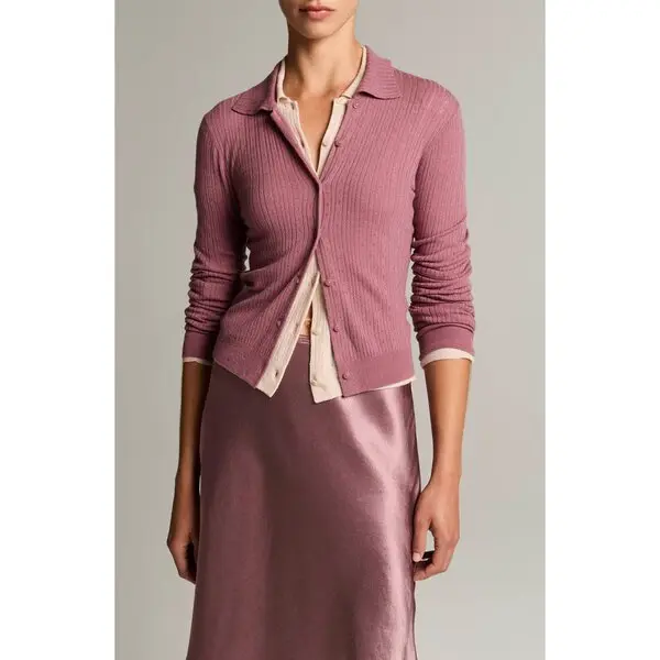 Vince Pointelle Knit Wool Cardigan - Dusty Peony