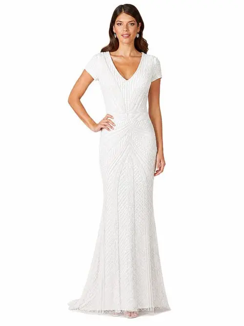 LARA NEW YORK Beaded Faux-wrap V-neck Bridal Gown - Ivory