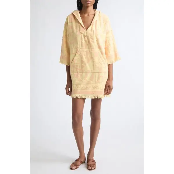 Zimmermann Pop Fringe Cotton Terry Jacquard Hooded Cover-up Dress - Mango