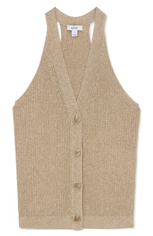 REISS Lilana Metallic Rib Knit Button-up Tank