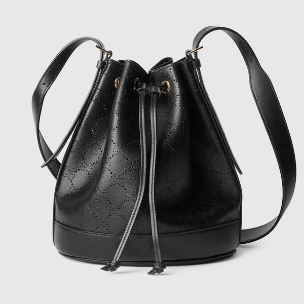 Gucci Small Bucket Bag In Perforated Gg Leather - Black