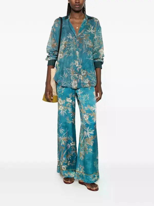 FORTE_FORTE Jade Green Floral Print Silk-blend Shirt