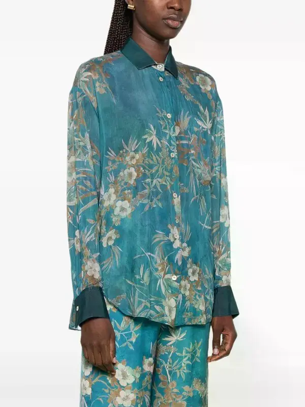FORTE_FORTE Jade Green Floral Print Silk-blend Shirt