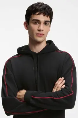 Hugo Contrast-piping Hoodie In Stretch Cotton