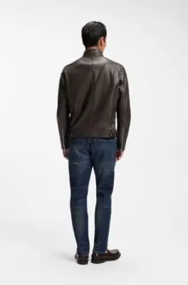 BOSS Grained Leather Jacket With Logo Trim