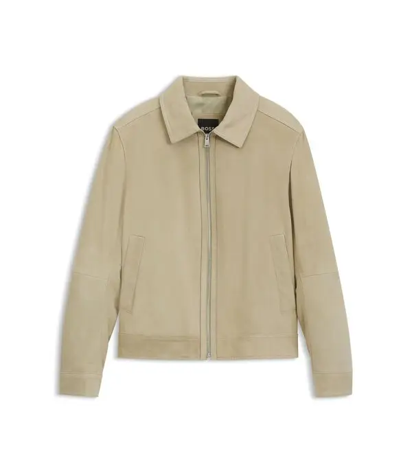 BOSS Suede Leather Jacket With Zipper Closure - Khaki