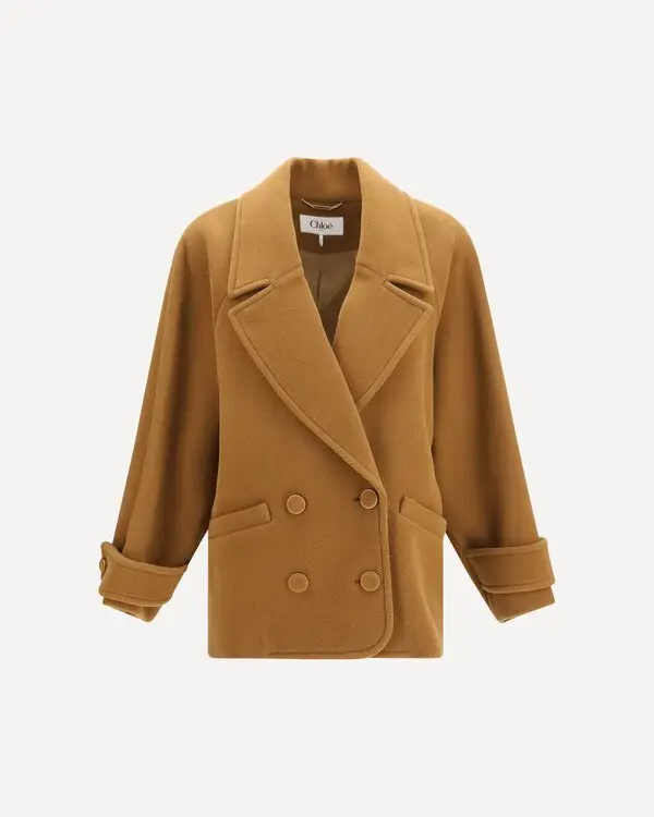 Chloé Double-breasted Herringbone Wool Short Coat - Brown