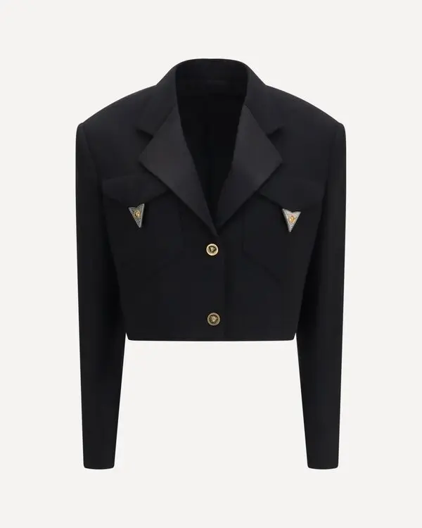 Versace Cropped Wool Blazer With Medusa Hardware - Black